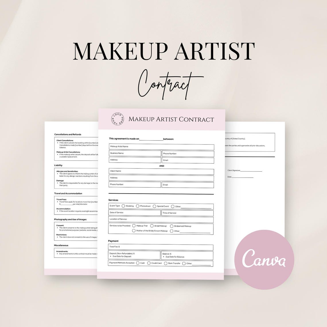 Makeup Artist Contract Template, MUA Contract, Bridal Makeup Agreement ...