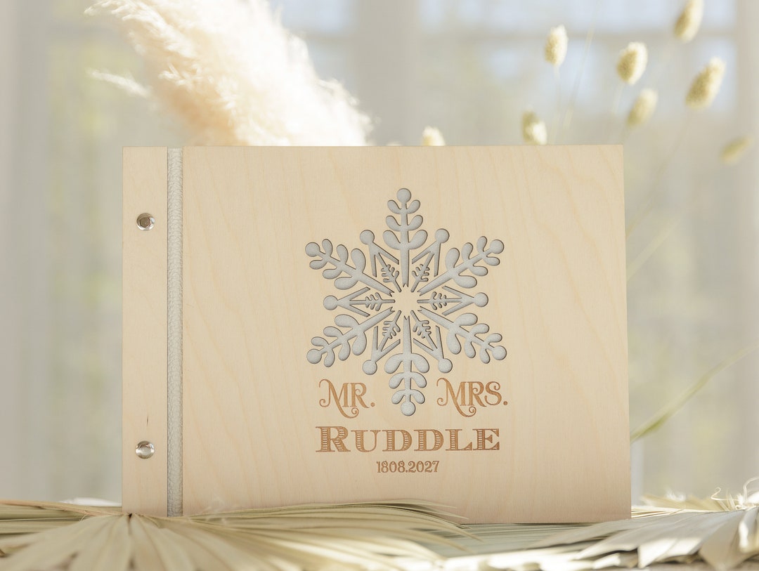 Winter Themed Wedding Guest Book Glitter Snowflake Wooden Personalised ...