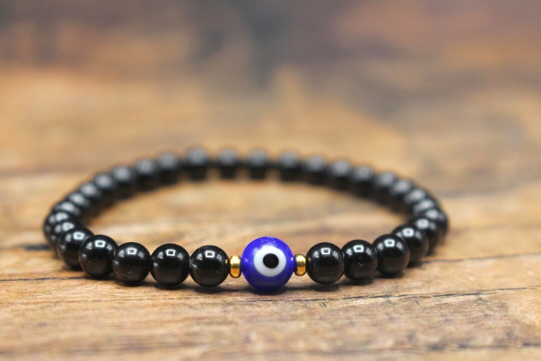 Black Tourmaline Evil EYE Bracelet PROTECTION Bracelet Wards off Evil Dainty Stretch Bracelet ...