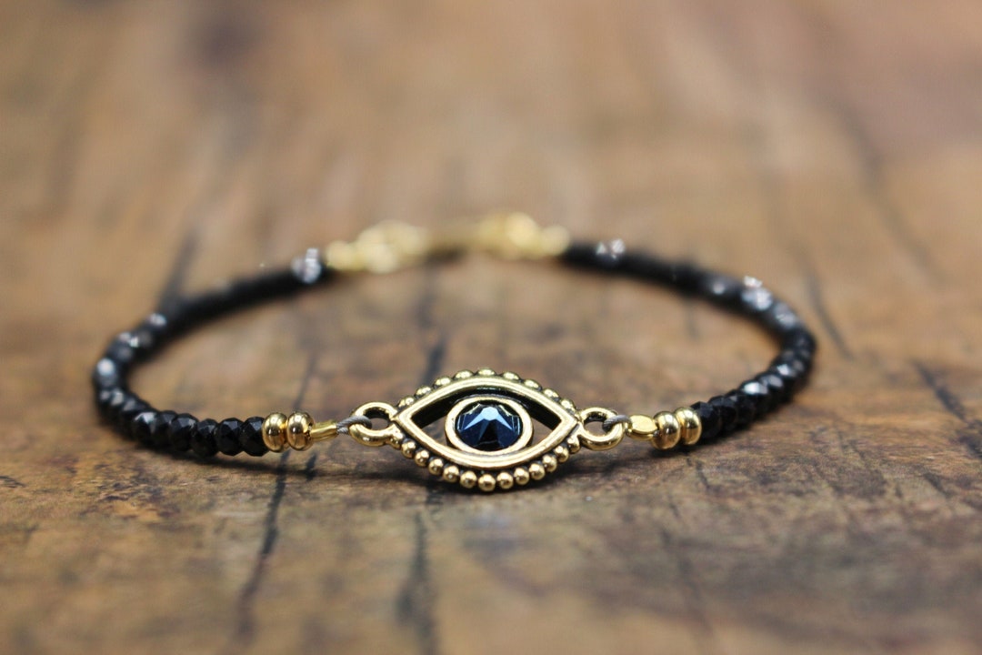 Black Tourmaline Evil EYE Bracelet| PROTECTION Bracelet| Wards off Evil| Dainty Beaded Bracelet ...