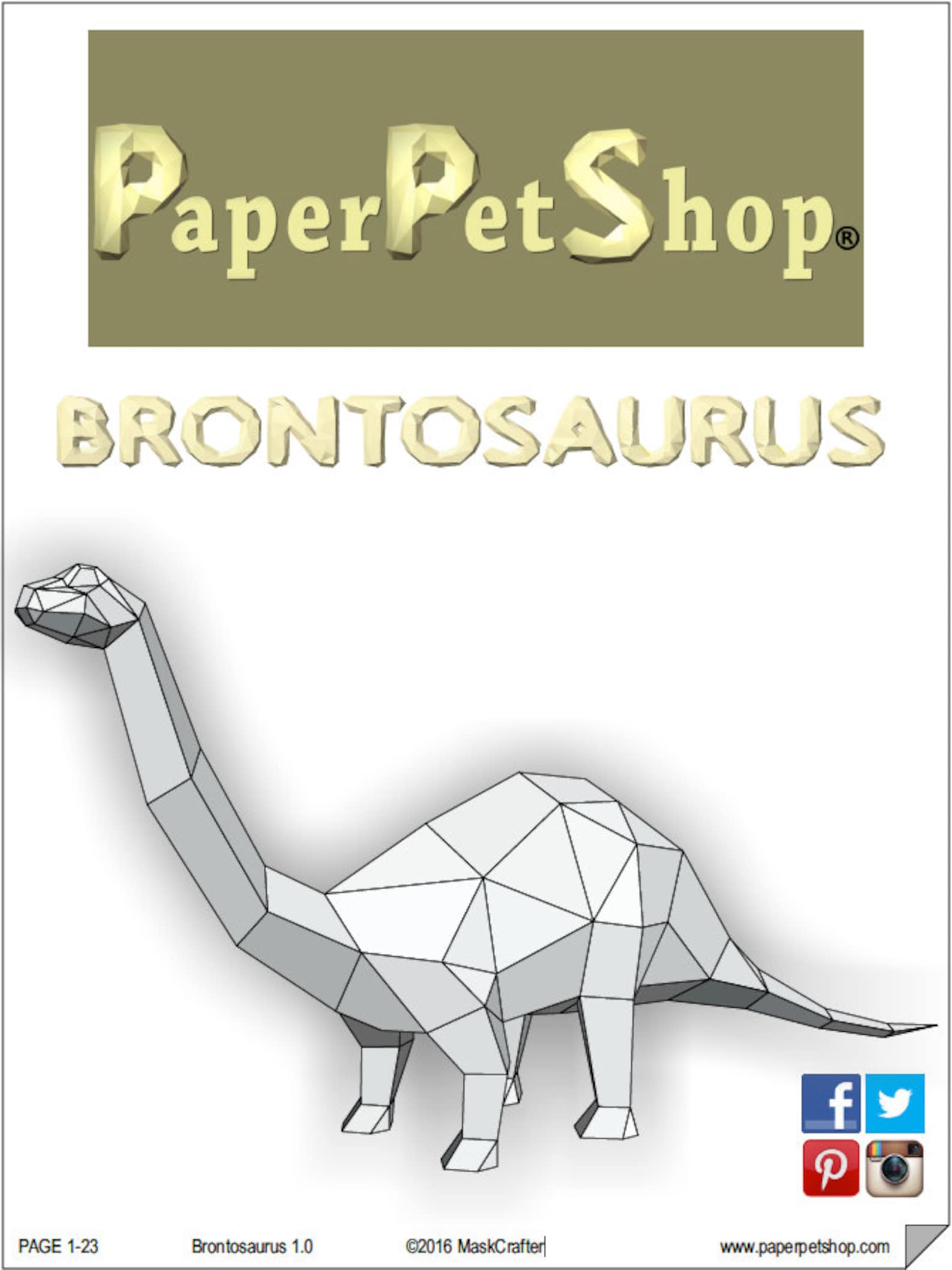Brontosaurus Dino, Papercraft Template, DIY Paper Pet Bronto Dinosaur ...