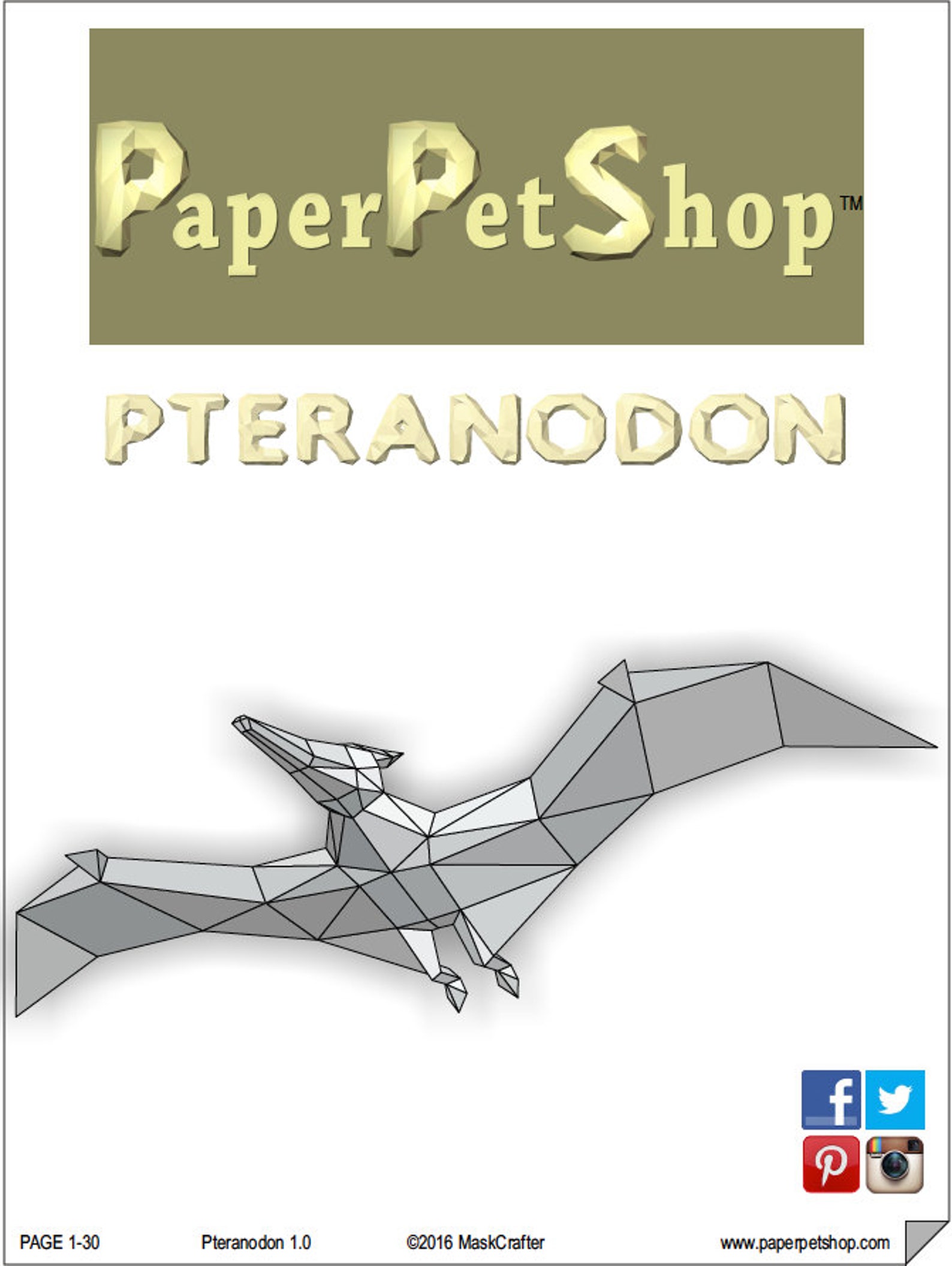 Pet Pteranodon, 3d Papercraft Dinosaur Template. Printable Pdf. Boys ...