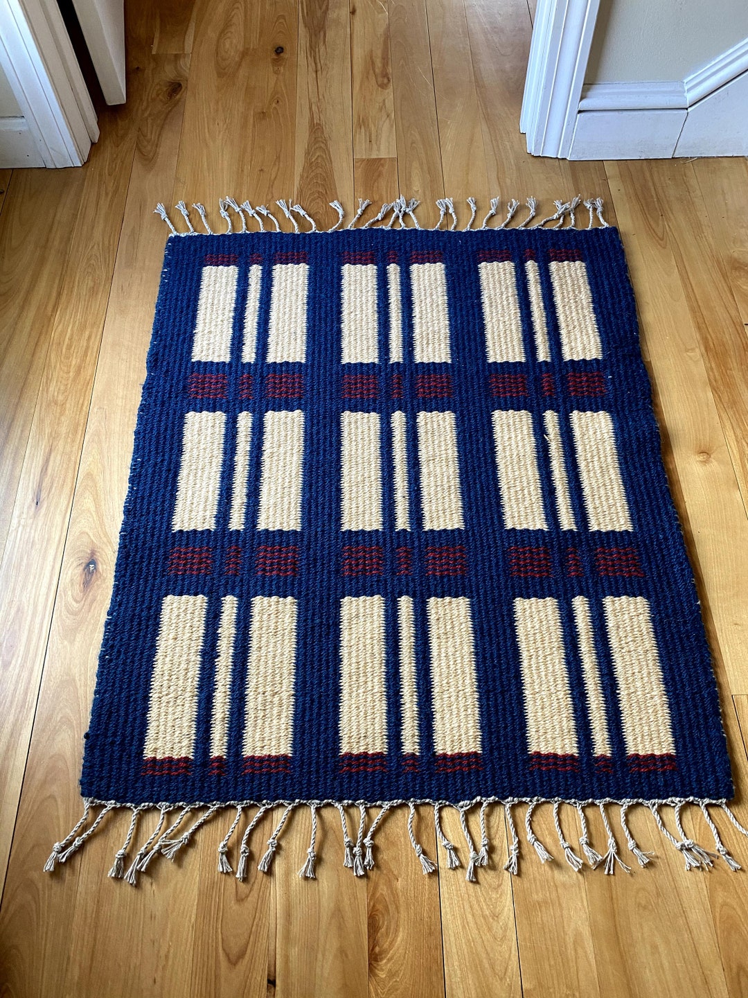 Red, White, & Blue Handwoven Two Sided Block Rug (35"x28") - Etsy