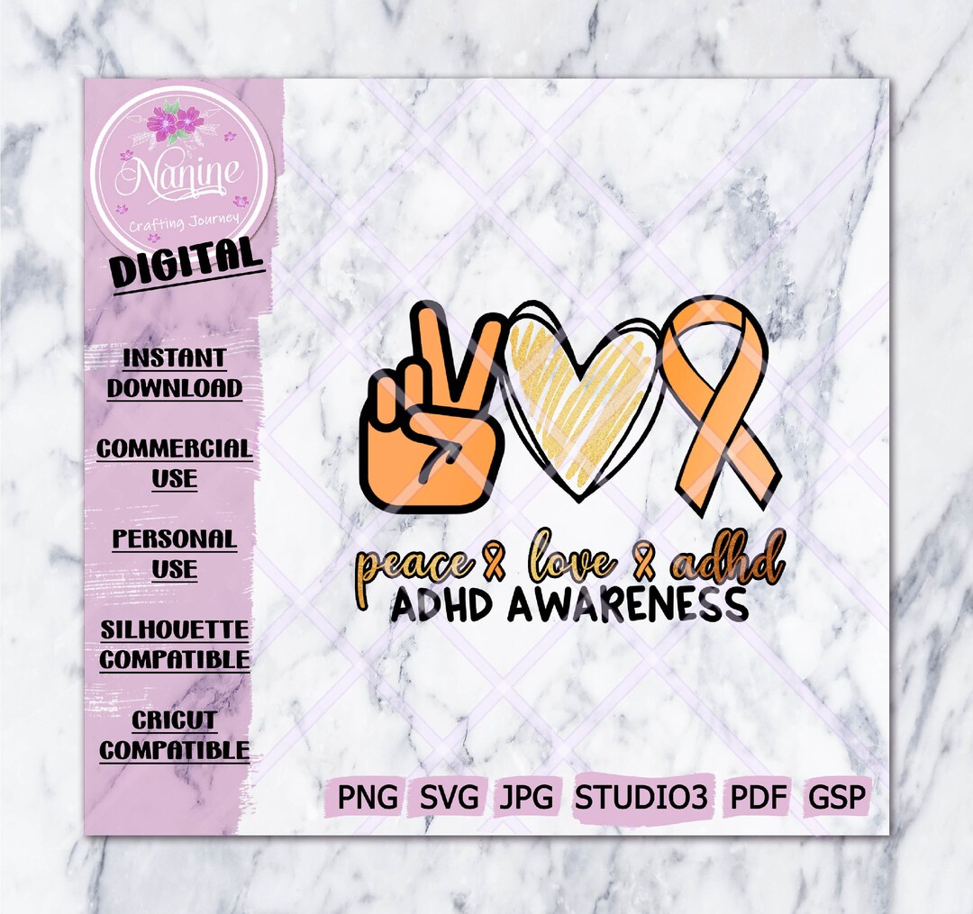 Peace Love ADHD SVG | Quote SVG, Cut File, Cricut, Silhouette, Instant ...