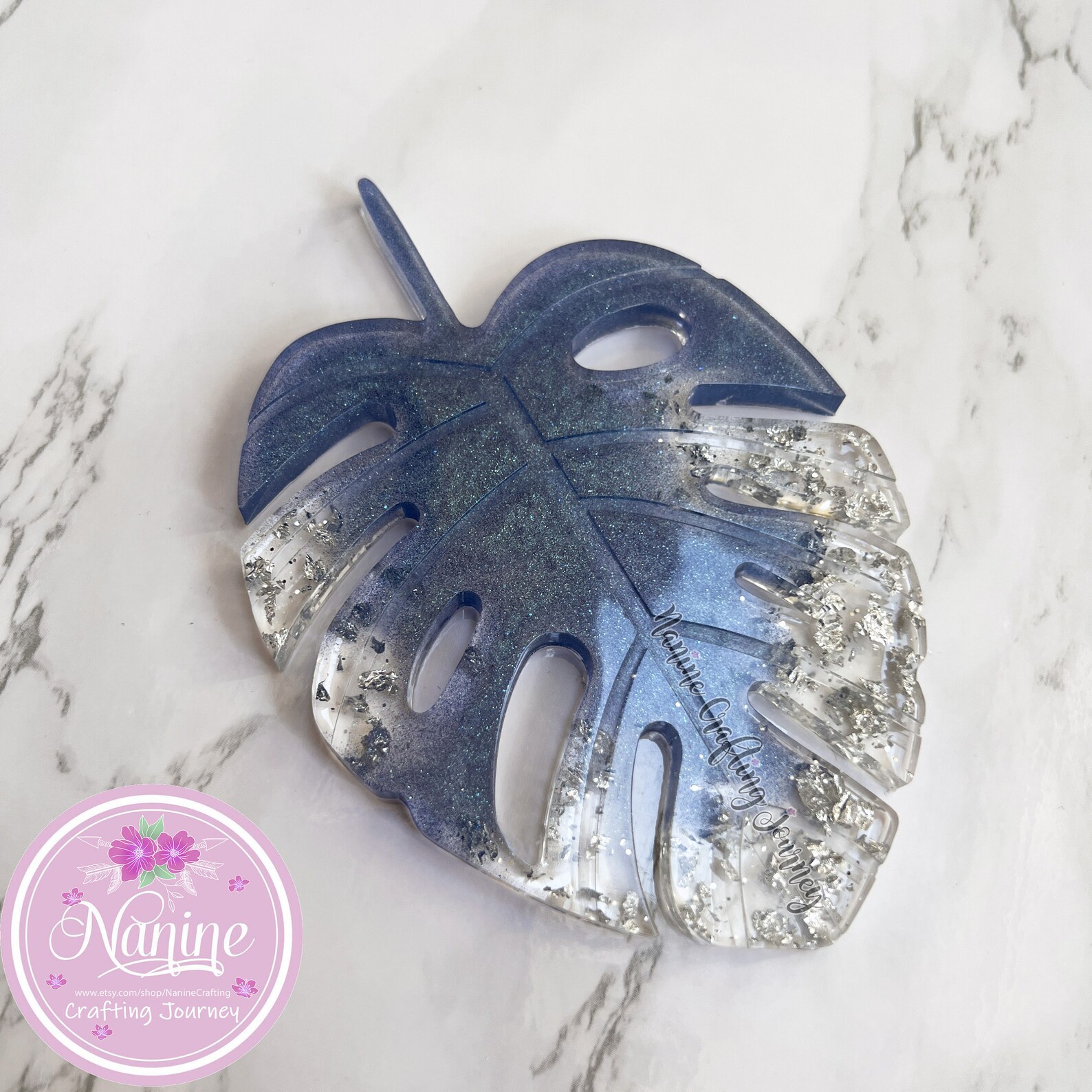 Blue and Silver Monstera Coasters X4 | Glittered Coaster | Housewarming ...