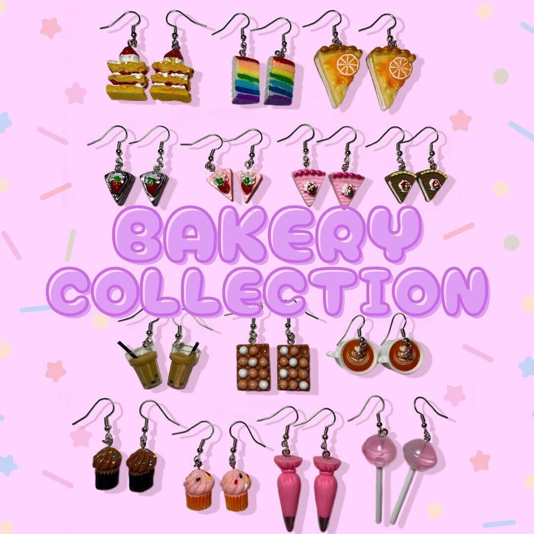 Bakery Earrings Collection Cake Slice, Latte, Cupcake, Piping Bag ...