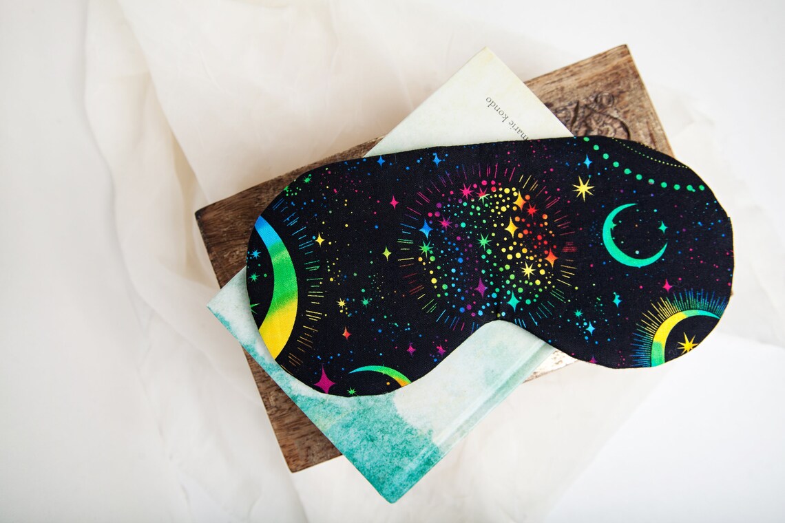 Celestial Moon Sleep Mask, Black Rainbow, Crescent Moon, Stars Sleeping ...