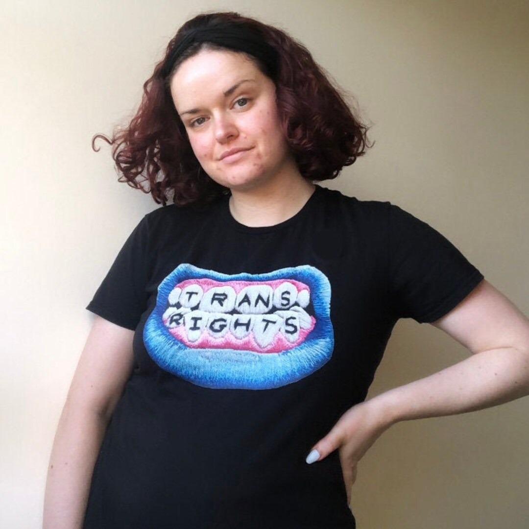 TRANS RIGHTS T-shirt With Mouth Design in Trans Flag Colours - Etsy