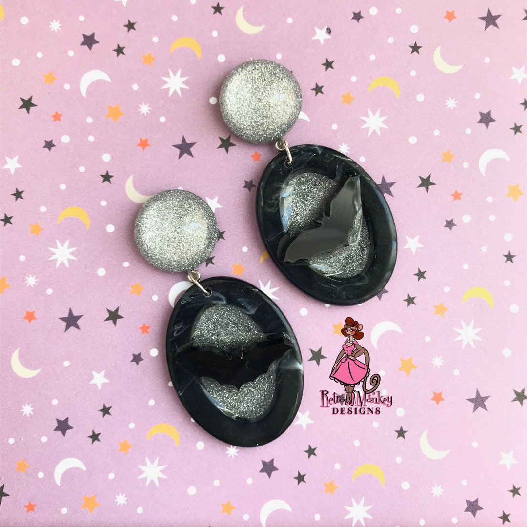 Vampira & Lily Munster Black Bats Silver Confetti Lucite and Black Faux ...