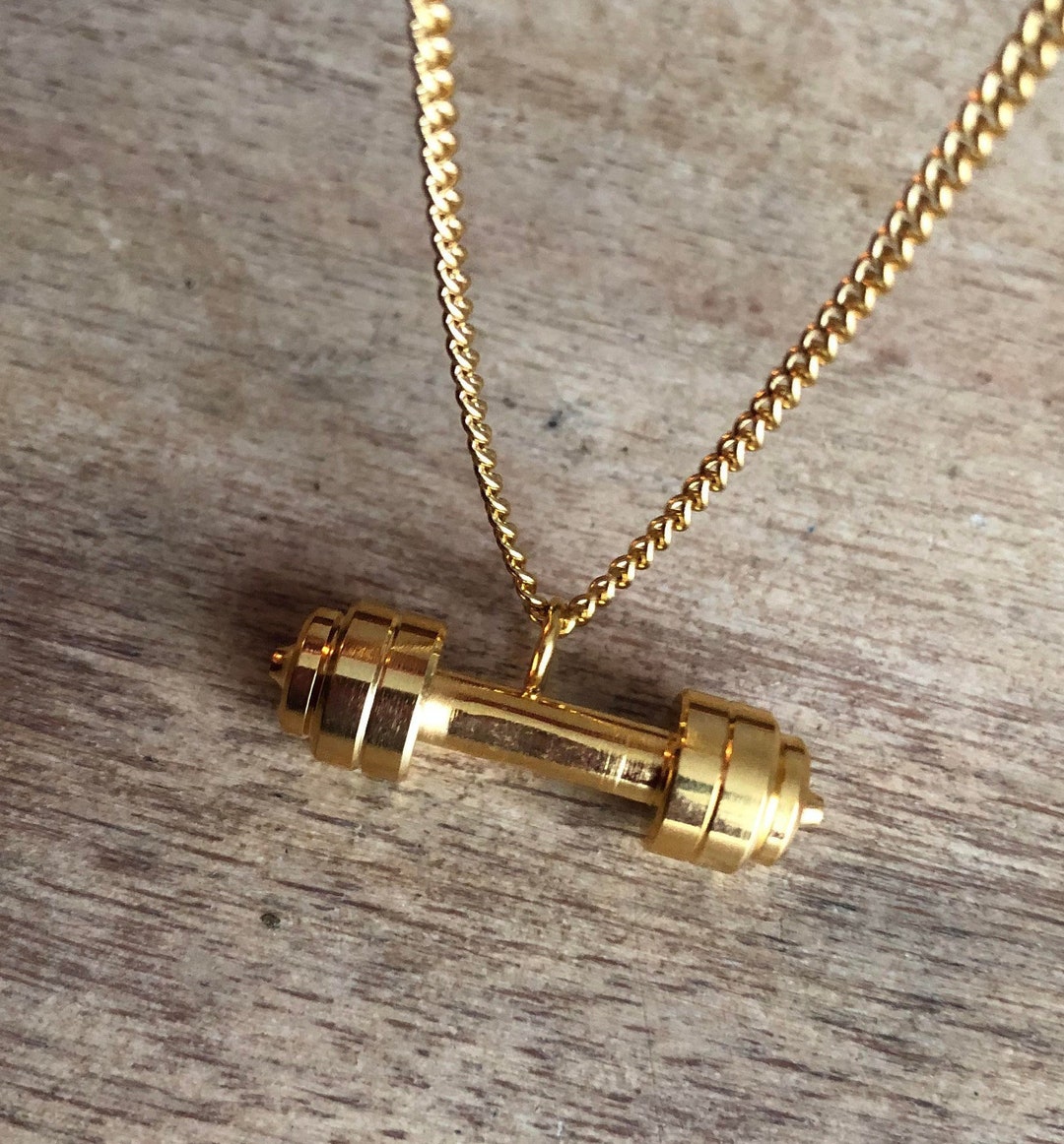 Gym Jewelry, Gold Dumbbell Necklace, Fitness Jewelry, Crossfit Pendant ...