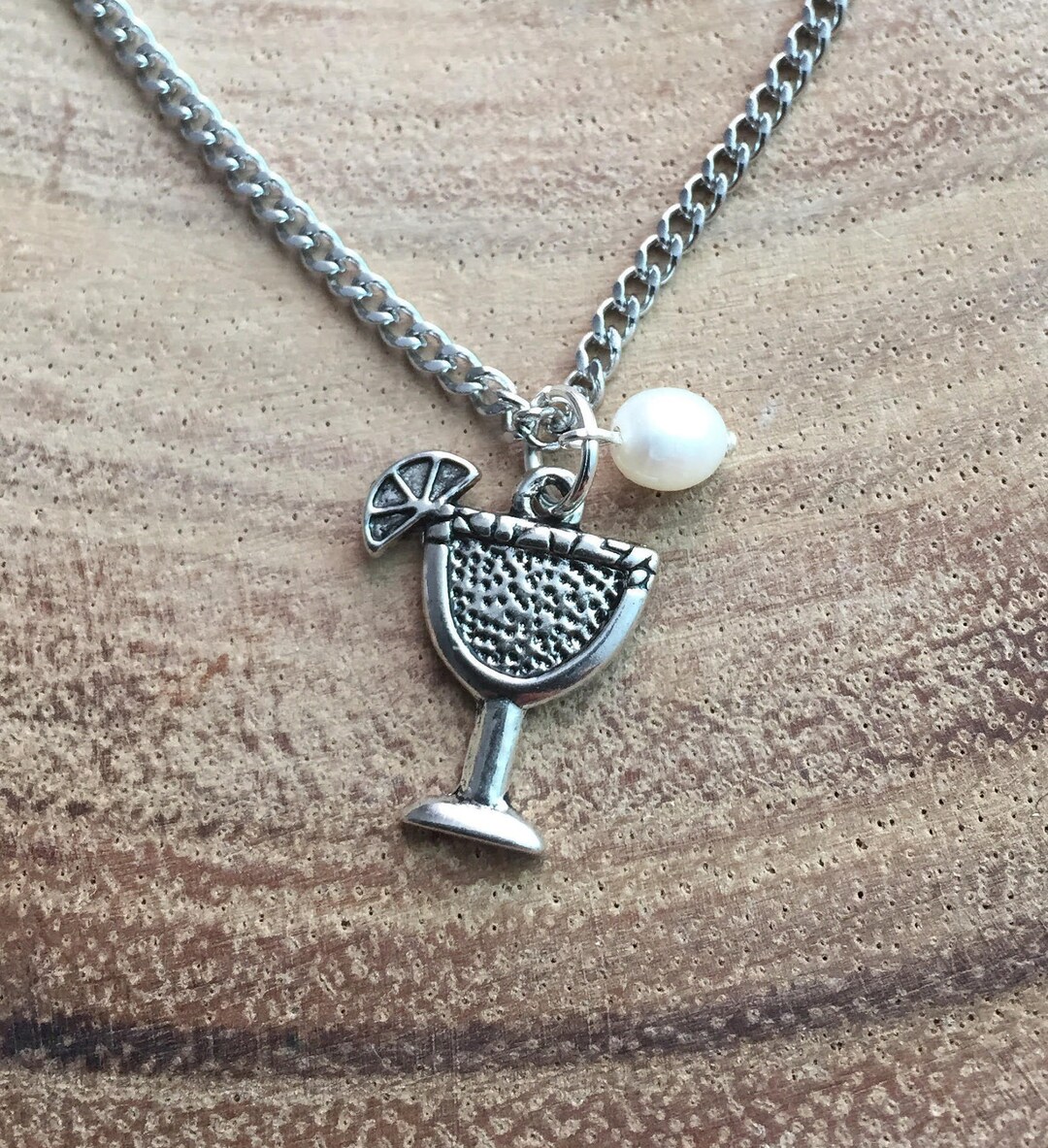 Martini Glass Necklace, Cocktail Charm, Freshwater Pearl, Cocktail ...