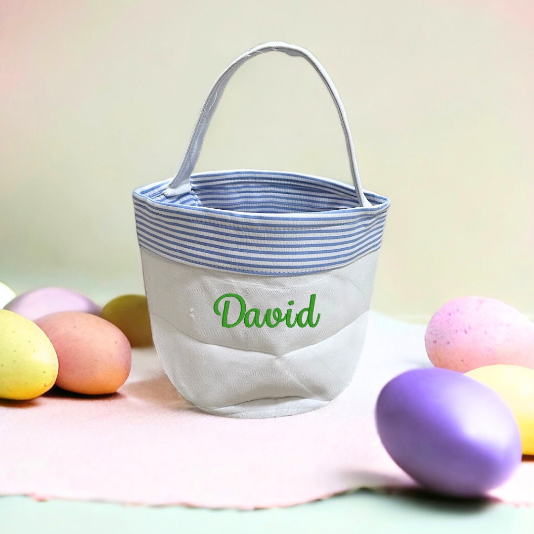 Personalized Embroidered Easter Basket, Blue Seersucker Easter Basket ...