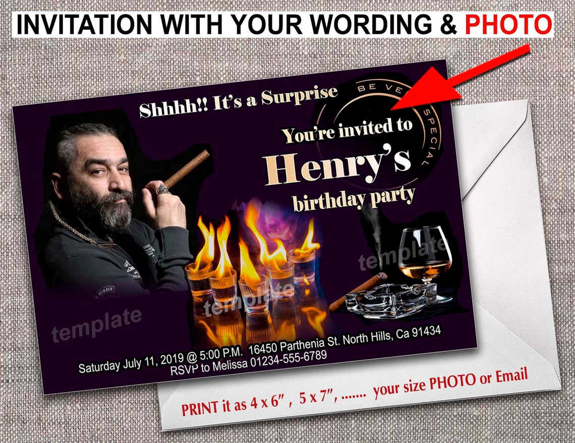 Cigar And Whiskey Birthday Invitation With Photo Liquor Party Etsy