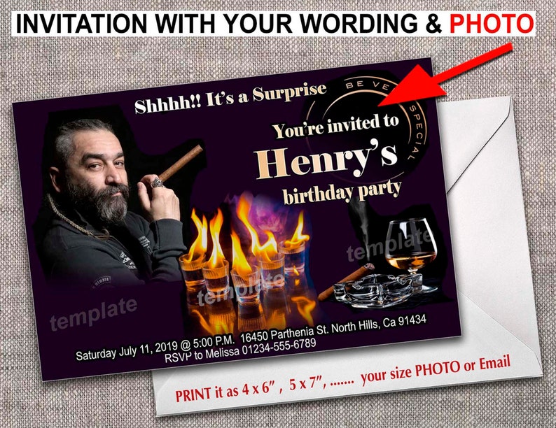 Cigar And Whiskey Birthday Invitation With Photo Liquor Party Etsy