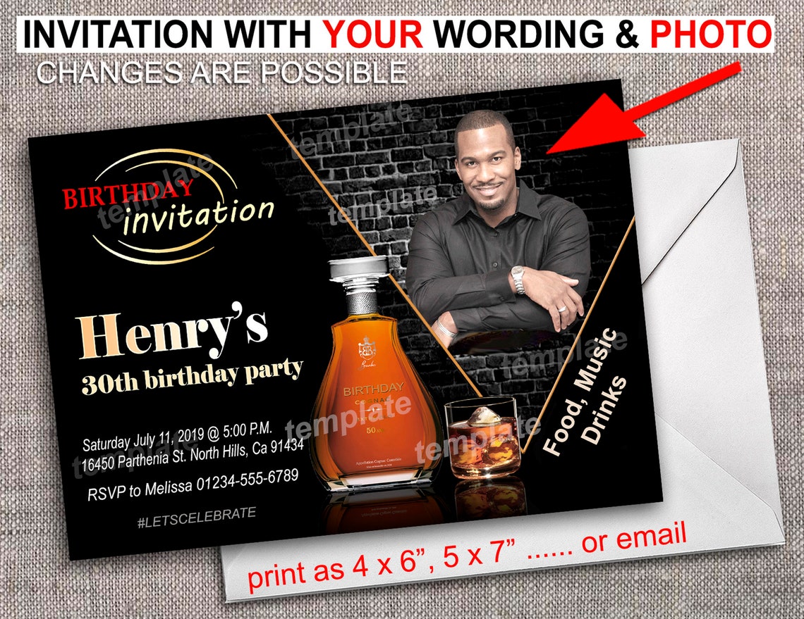 Cigar And Whiskey Birthday Invitation With Photo Liquor Party Etsy