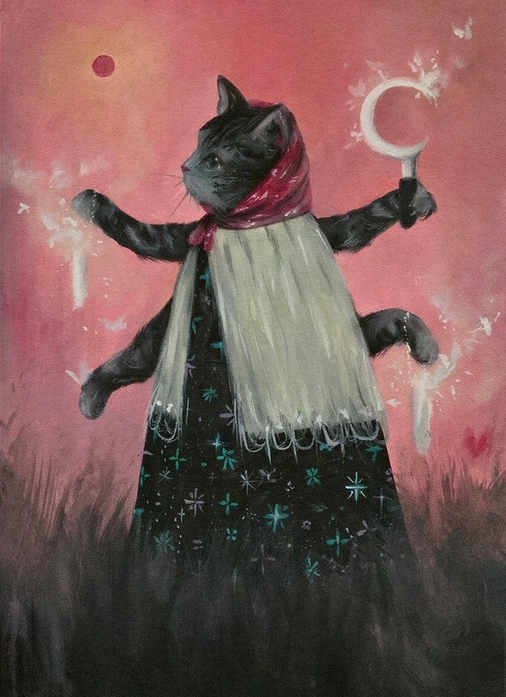 Babushka Cat Pink Illustration Print - Etsy