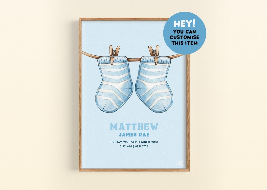 Personalised New Baby Art Print - Blue - New Baby Gift, Baby Boy ...
