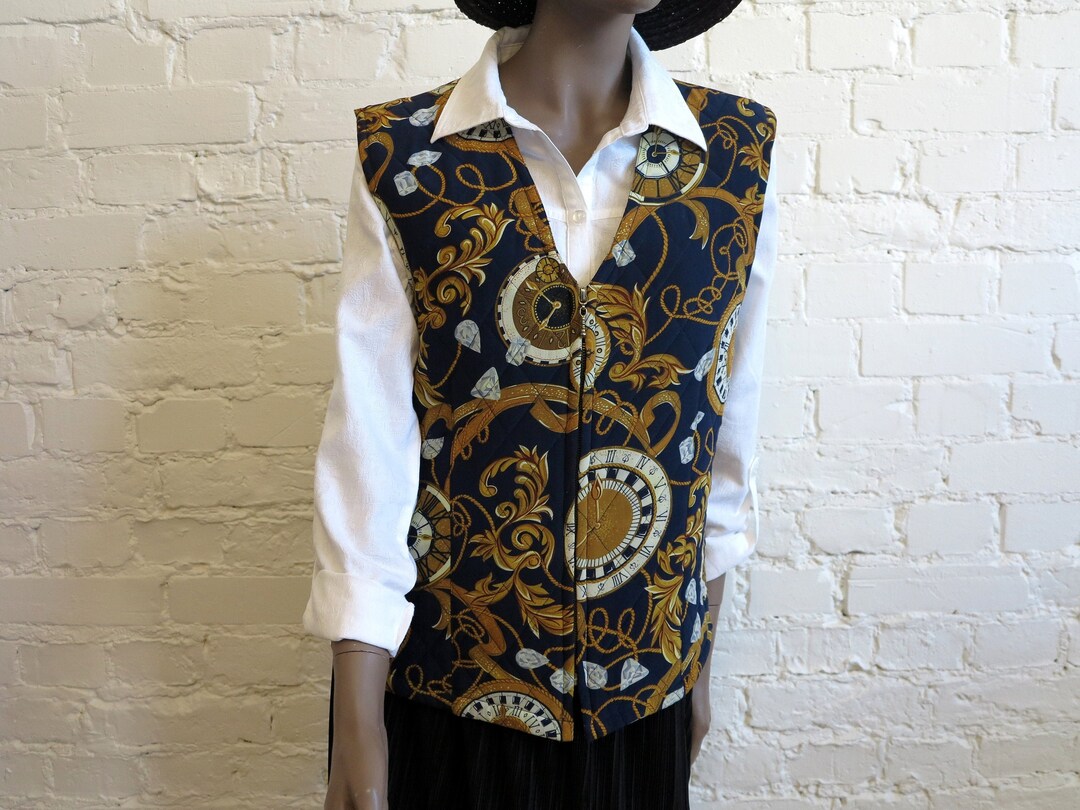 Silk Womens Vest Quilted Front Vest Clock Print Vest Baroque Waistcoat ...