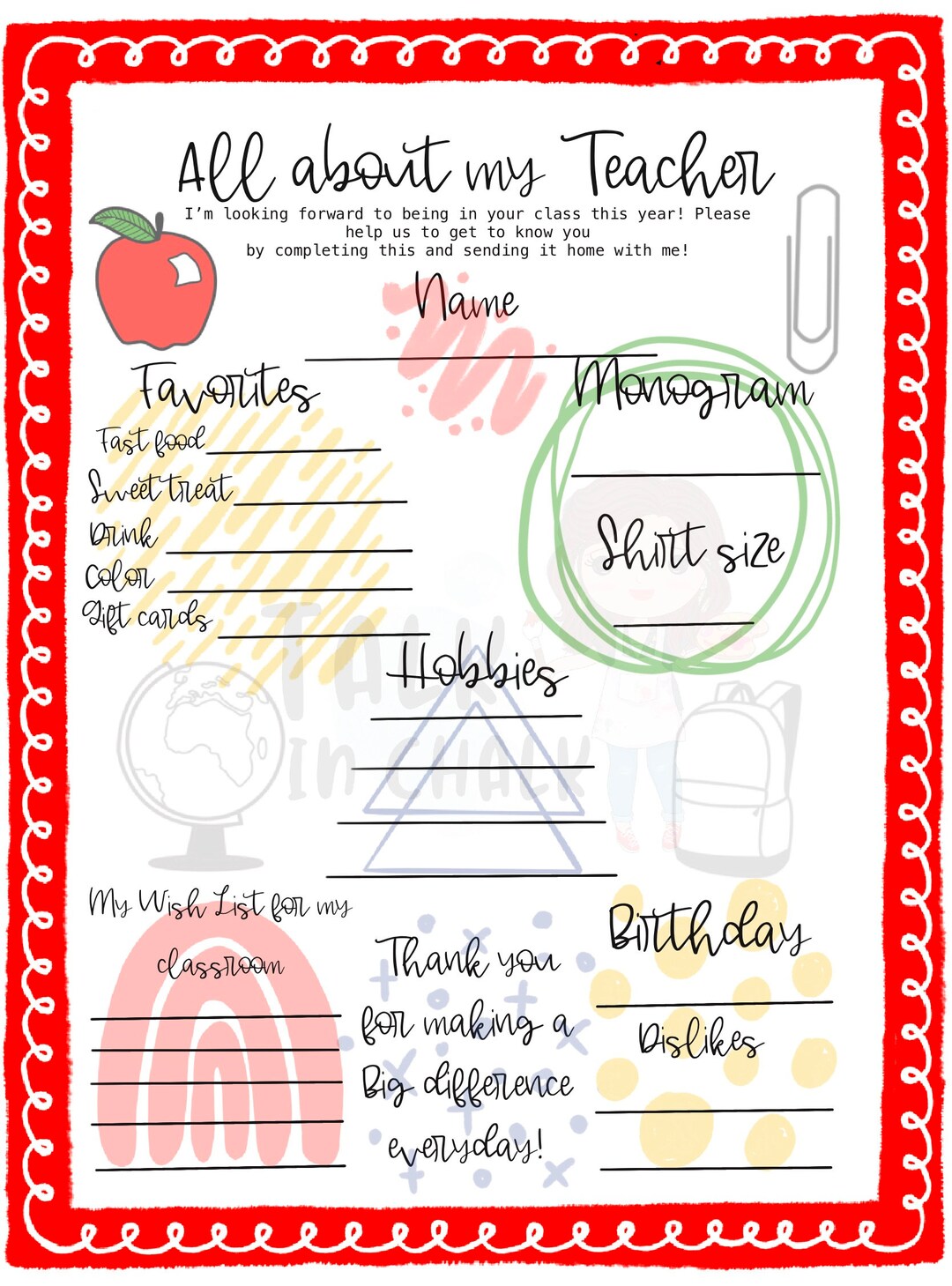 All About My Teacher Printable - Etsy