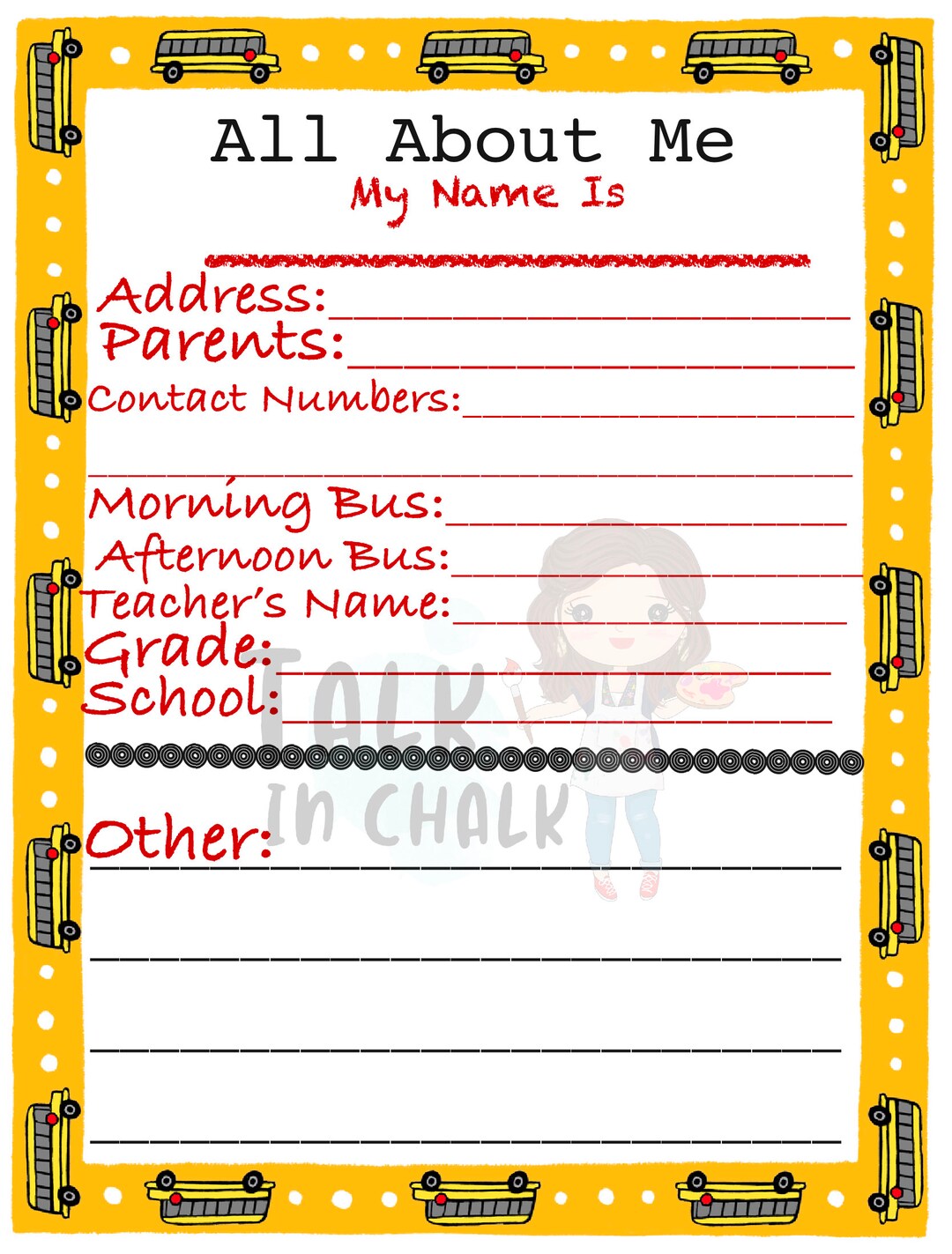 All About Me : Bus Driver Info Sheet - Etsy