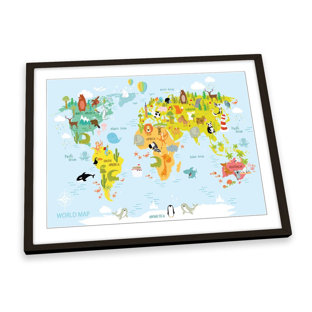 Map World Kids Room Blue FRAMED ART PRINT Picture Poster Artwork - Etsy