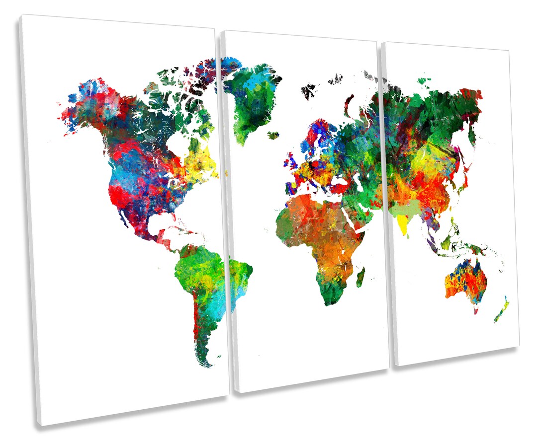 World Map Multi Coloured CANVAS WALL ART Triple Box Frame - Etsy