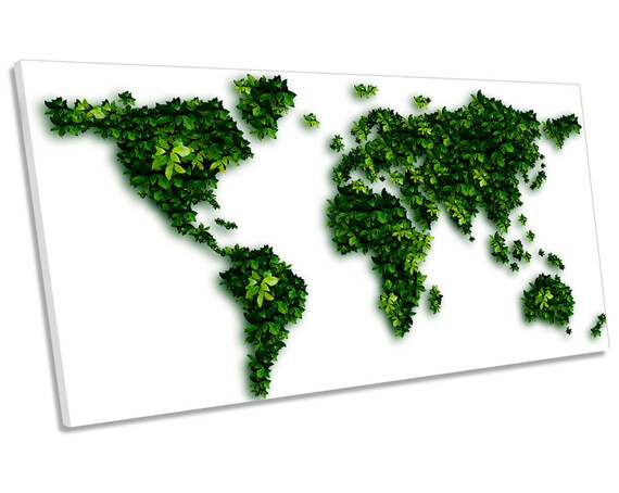 World Map Green Leaves Organic Picture Panoramic CANVAS WALL - Etsy