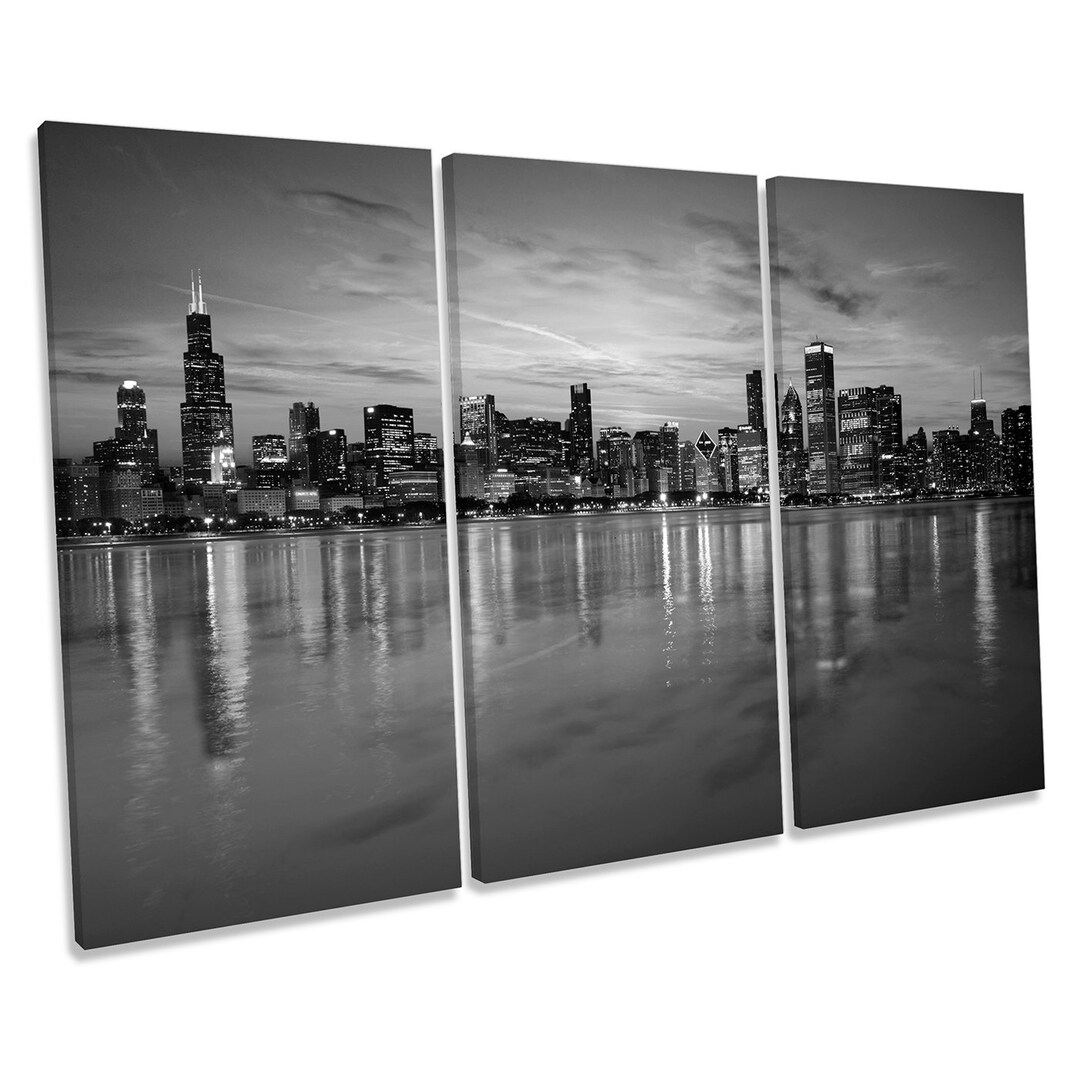 Chicago Illinois Sunset Skyline B&W CANVAS WALL ART Treble Box Frame ...