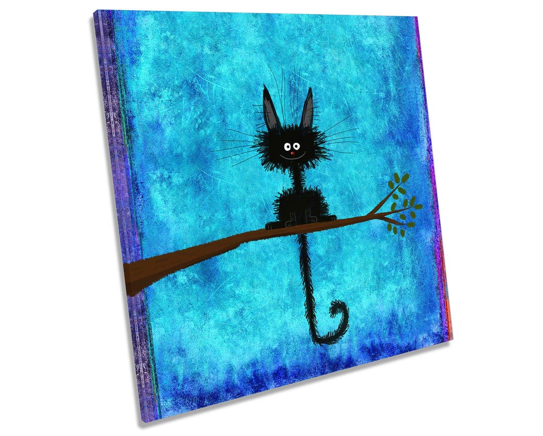 Cat on Tree Illustration Blue CANVAS WALL ART Square Print - Etsy