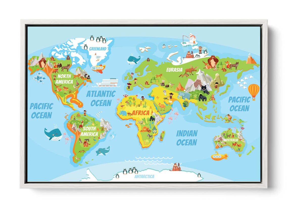 Map of the World Kids Blue CANVAS FLOATER FRAME Wall Art Print - Etsy