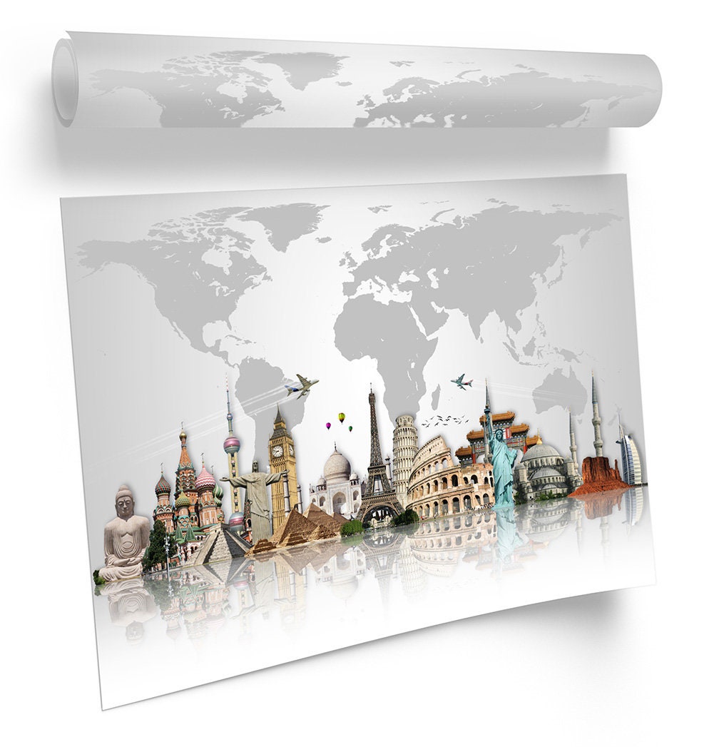 Famous Landmarks World Map FRAMED ART PRINT Picture Poster - Etsy