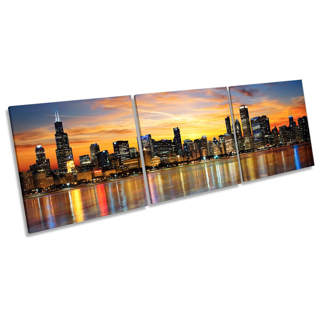 Chicago Illinois Sunset Skyline CANVAS WALL ART Multi Three Panel Box ...