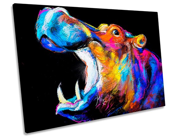 Hippo Colourful CANVAS WALL ART Picture Print | Etsy