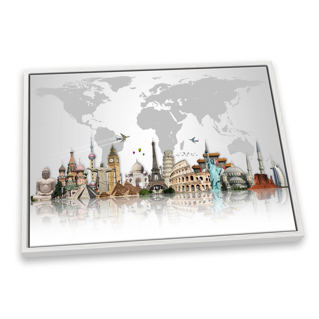 Famous Landmarks World Map Grey CANVAS FLOATER FRAME Wall Art Print ...