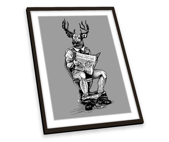 Stag Toilet Newspaper Grey FRAMED ART PRINT Picture Portrait | Etsy