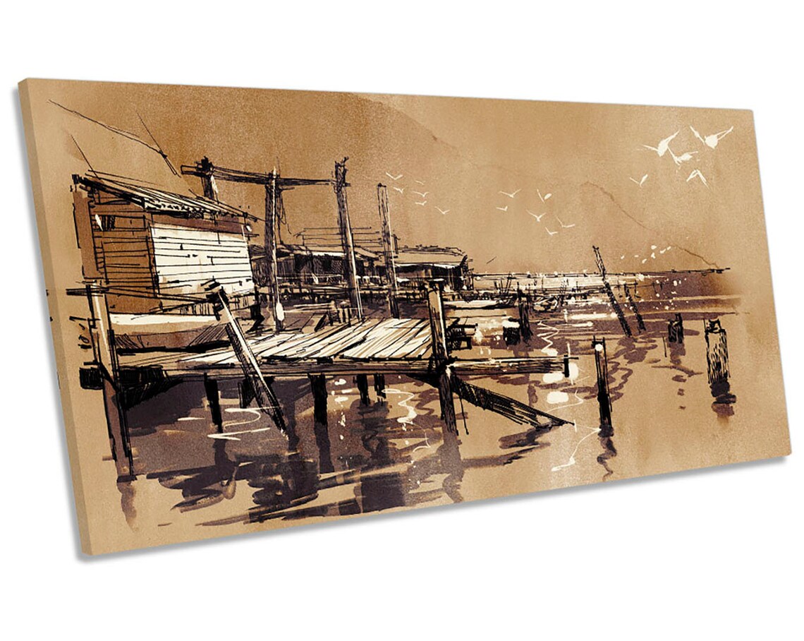 Fishing Village Pier Sketch Panoramic CANVAS WALL ART Print - Etsy