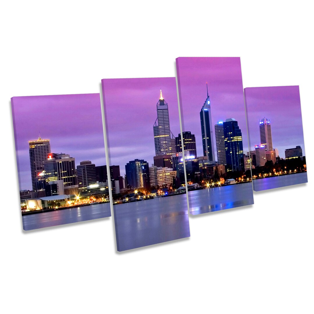 Perth City Skyline Australia Purple Multi CANVAS WALL ART Framed Panel ...