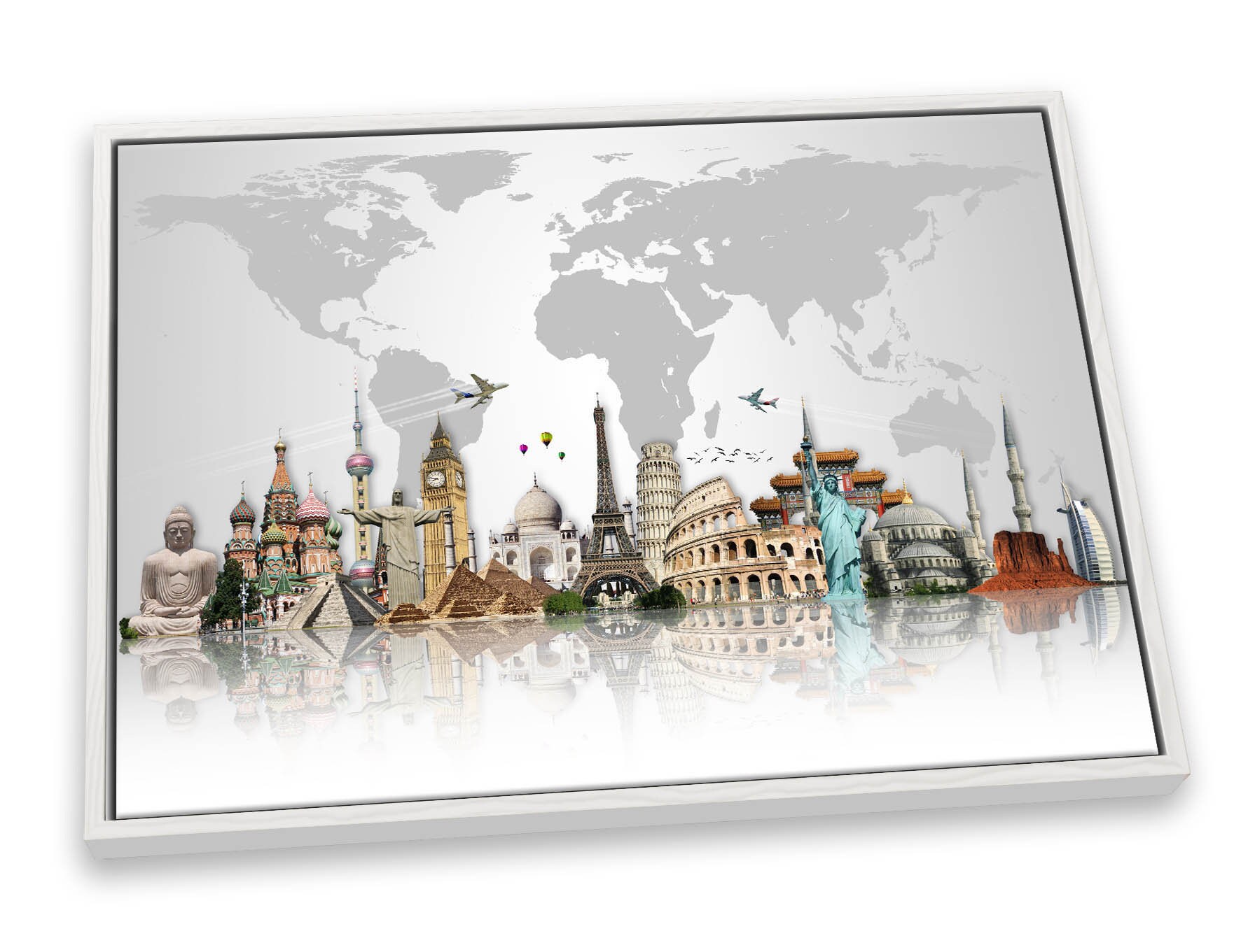 Famous Landmarks World Map Grey CANVAS FLOATER FRAME Wall Art | Etsy