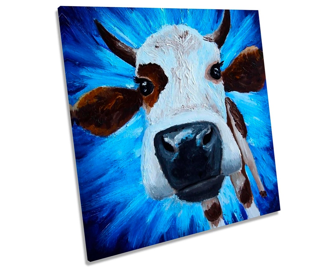 Funky Cow Face Picture CANVAS WALL ART Square Print Blue - Etsy