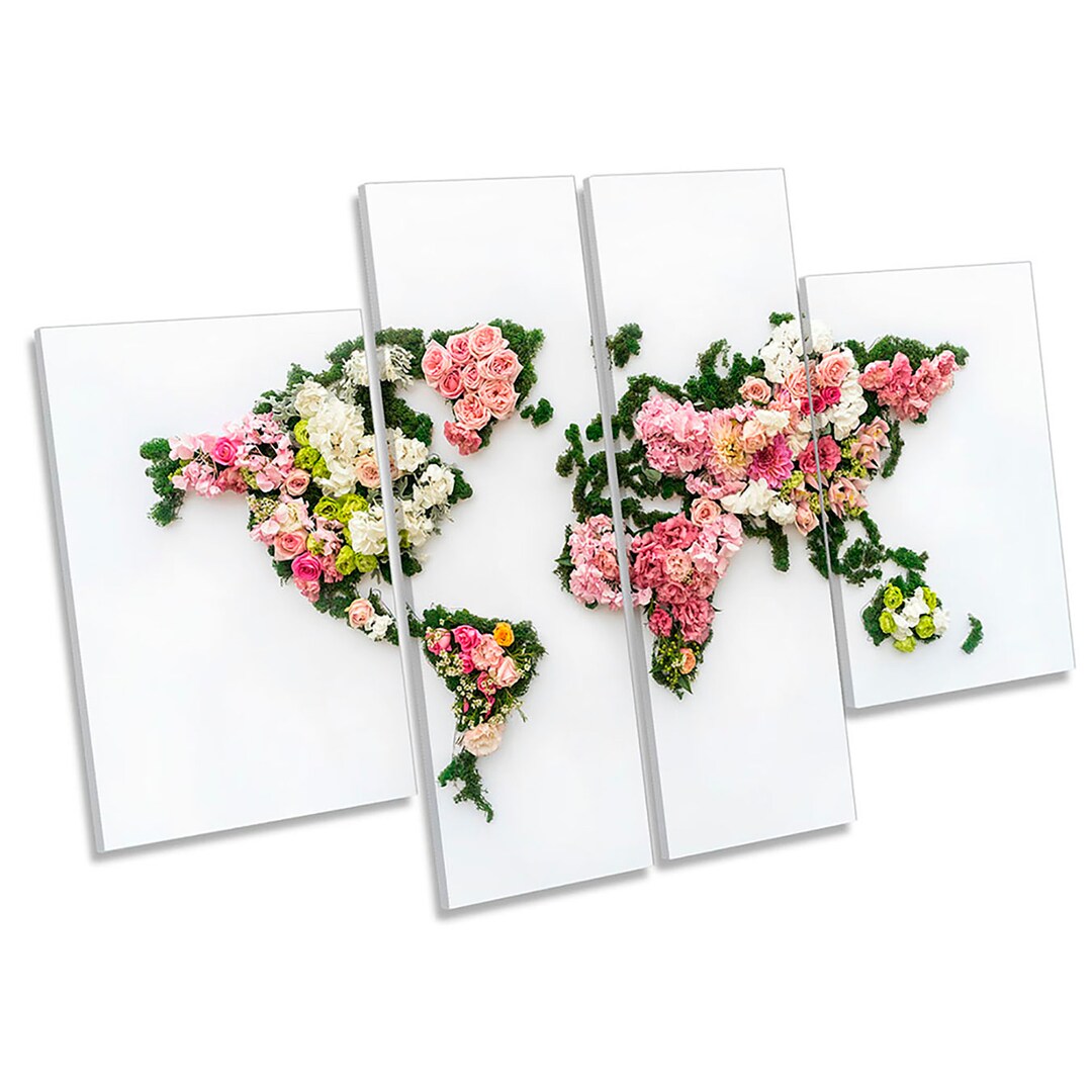 World Map Floral Flowers Picture CANVAS WALL ART Four Panel - Etsy