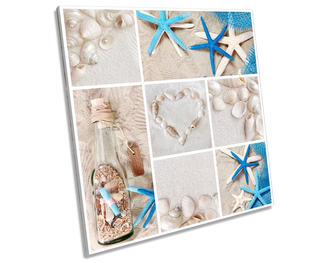 Beach Sand Collage Heart Holiday Blue Sand CANVAS WALL ART Square Print ...