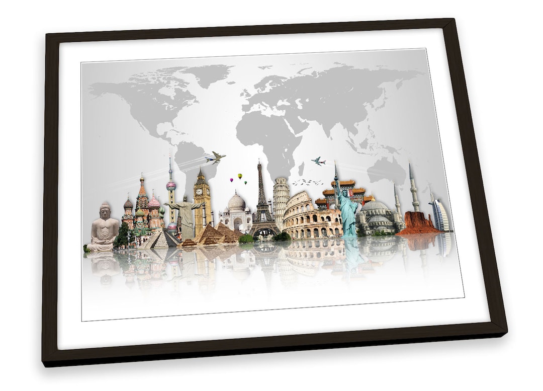 Famous Landmarks World Map FRAMED ART PRINT Picture Poster - Etsy