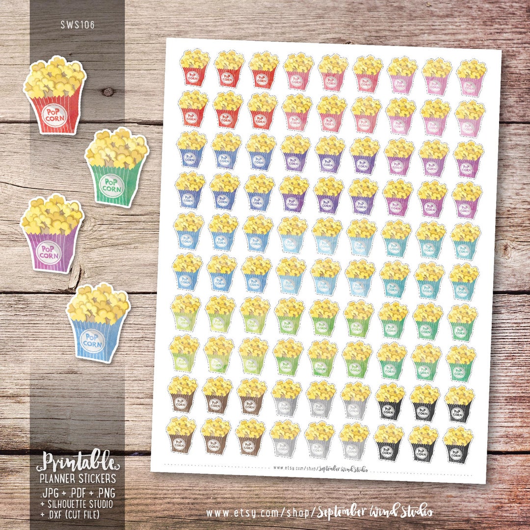 Popcorn Printable Planner Stickers Watercolor Popcorn - Etsy