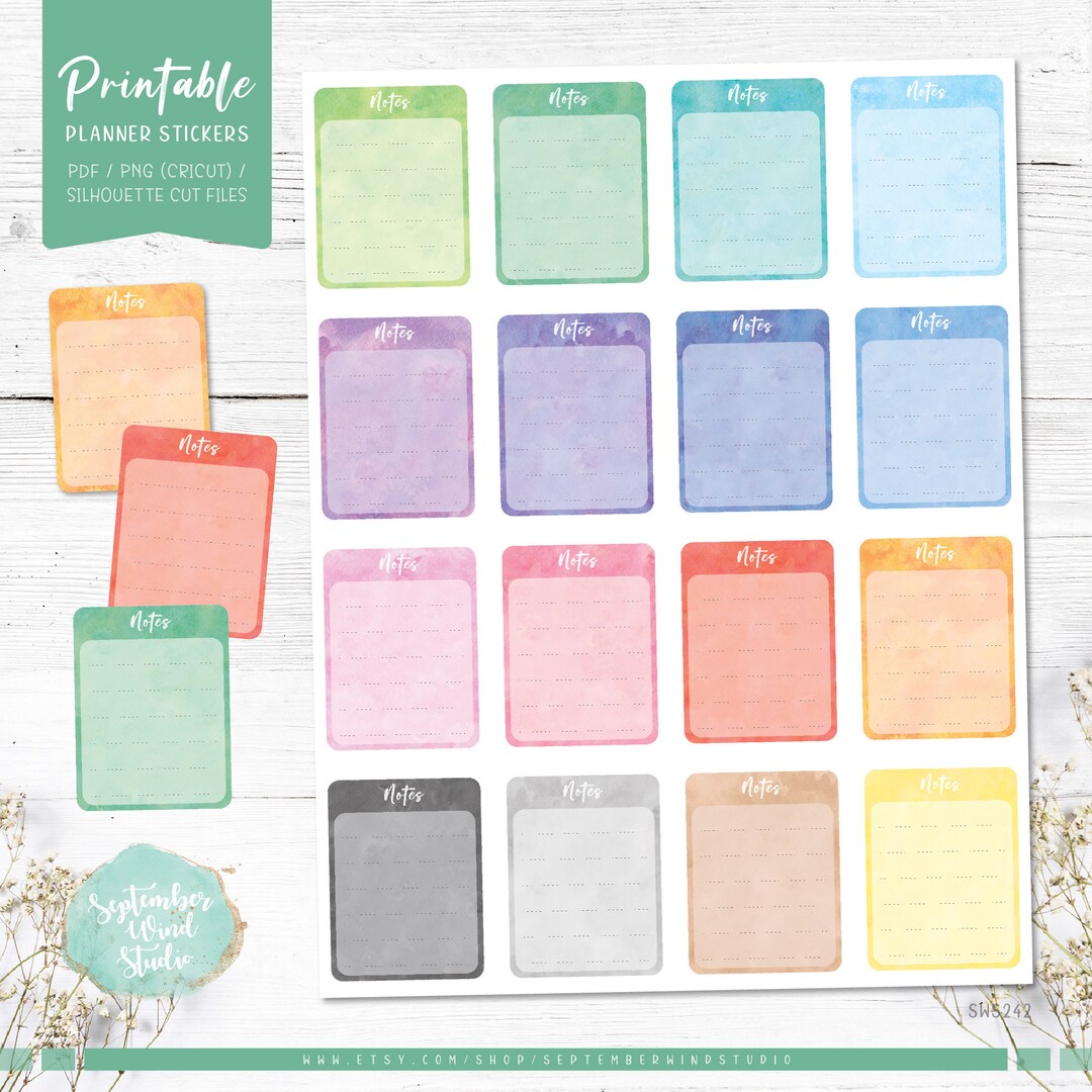 Notes Printable Planner Stickers, Full Box Planner Stickers, Watercolor ...