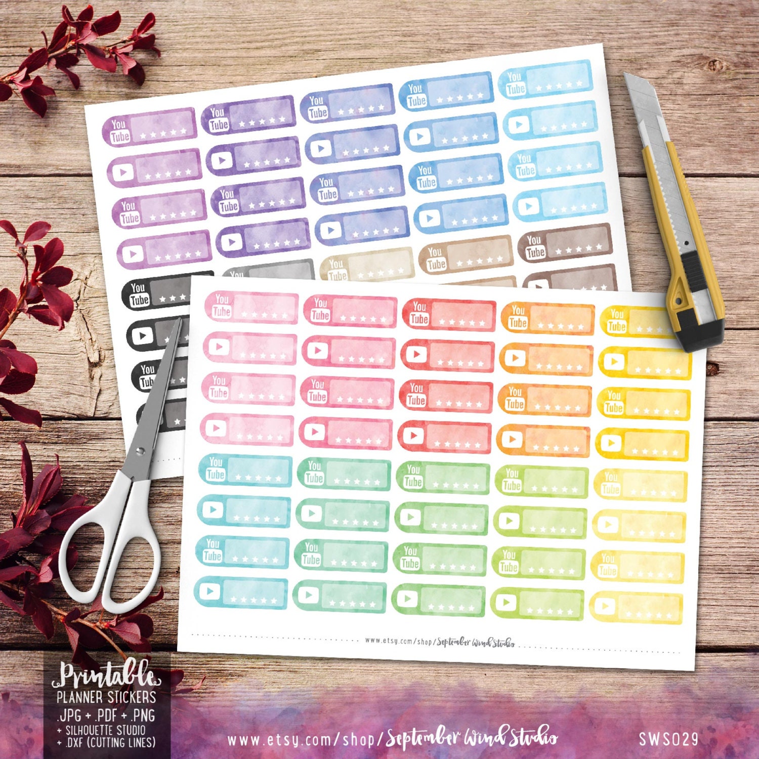 Watercolor Youtube Printable Planner Stickers Youtube - Etsy