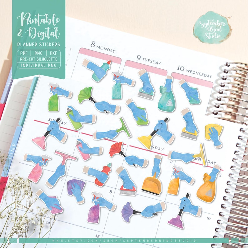 Cleaning Planner Stickers: Printable & Digital (PDF, Cricut, Silhouette ...