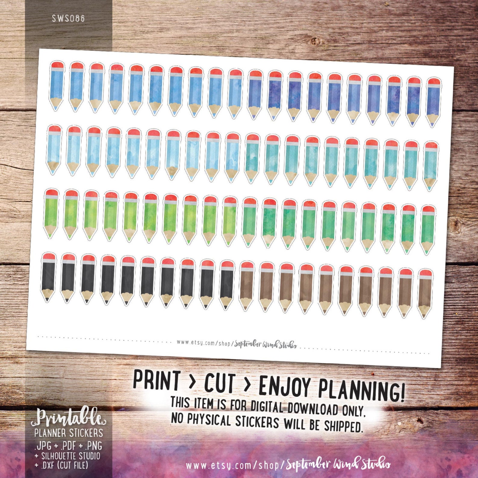 Pencil Printable Planner Stickers Pencil Stickers Watercolor - Etsy