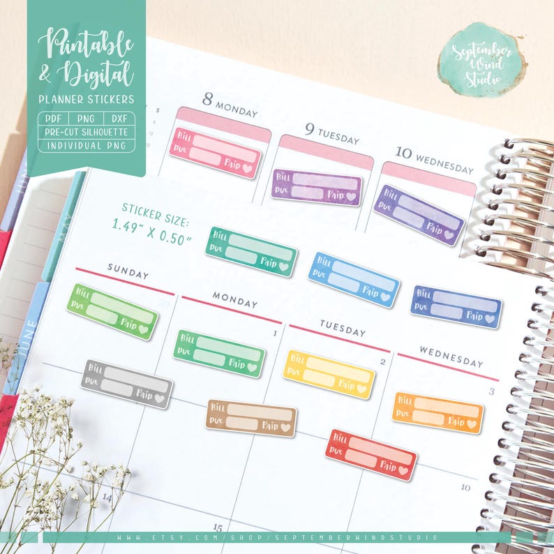 Bill Due Planner Stickers: Printable & Digital (PDF, Cricut, Silhouette ...