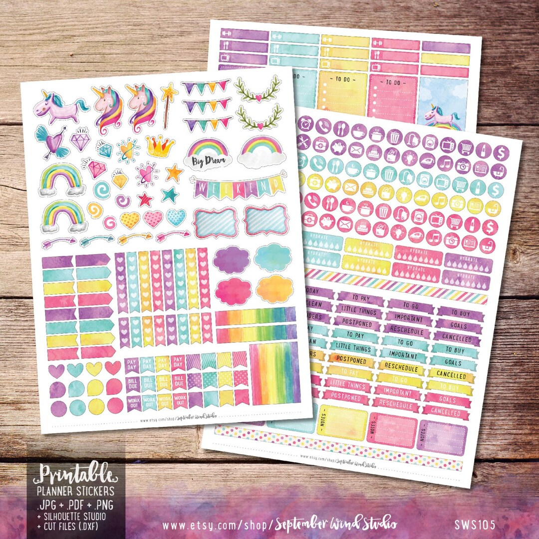 Unicorn Printable Planner Stickers, Watercolor Unicorn Stickers, Weekly ...