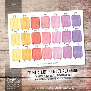 Luggage Printable Planner Stickers, Watercolor Luggage Stickers, Travel ...